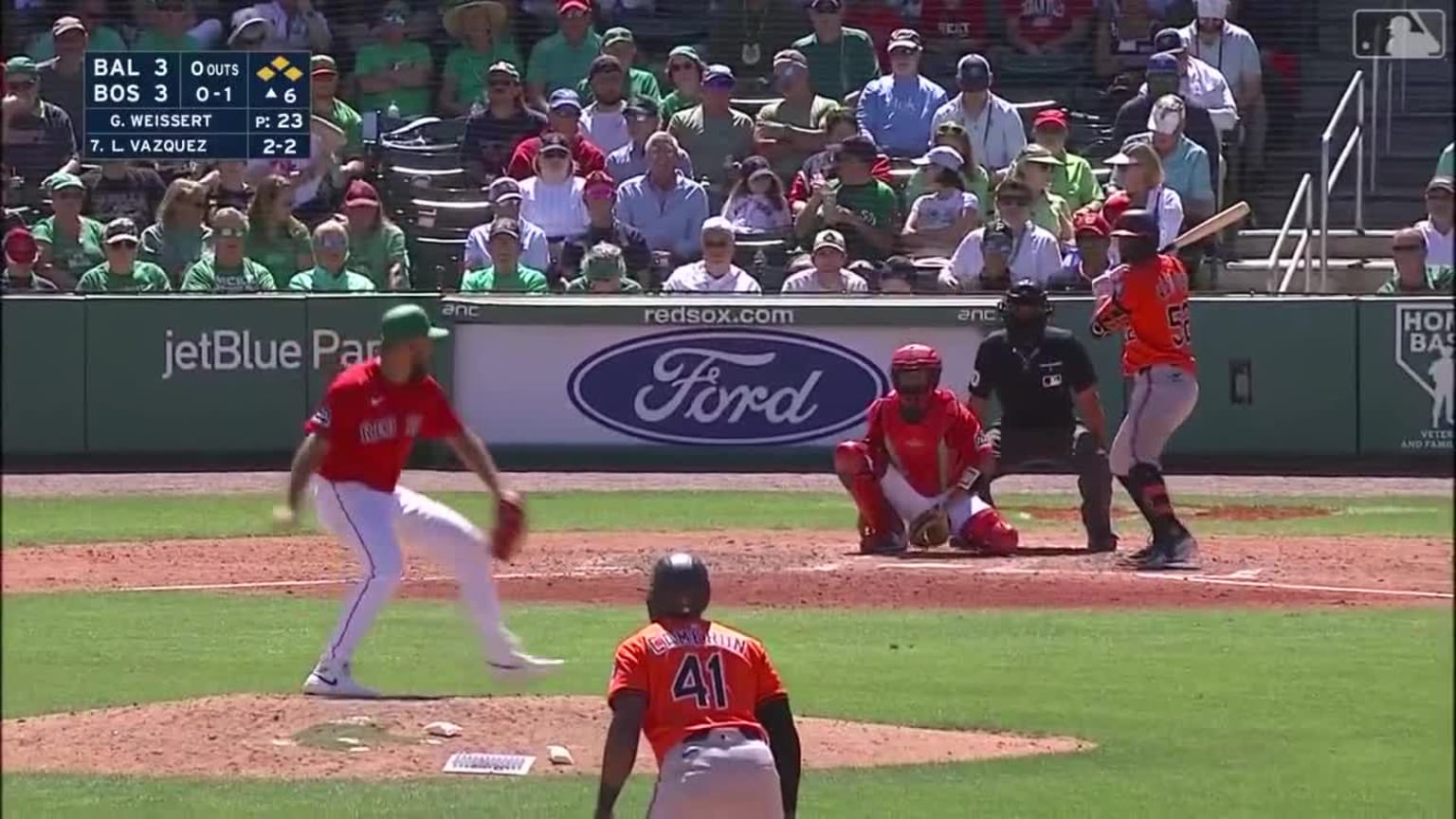Luis Vazquez singles on a sharp line drive to left fielder Jarren Duran ...