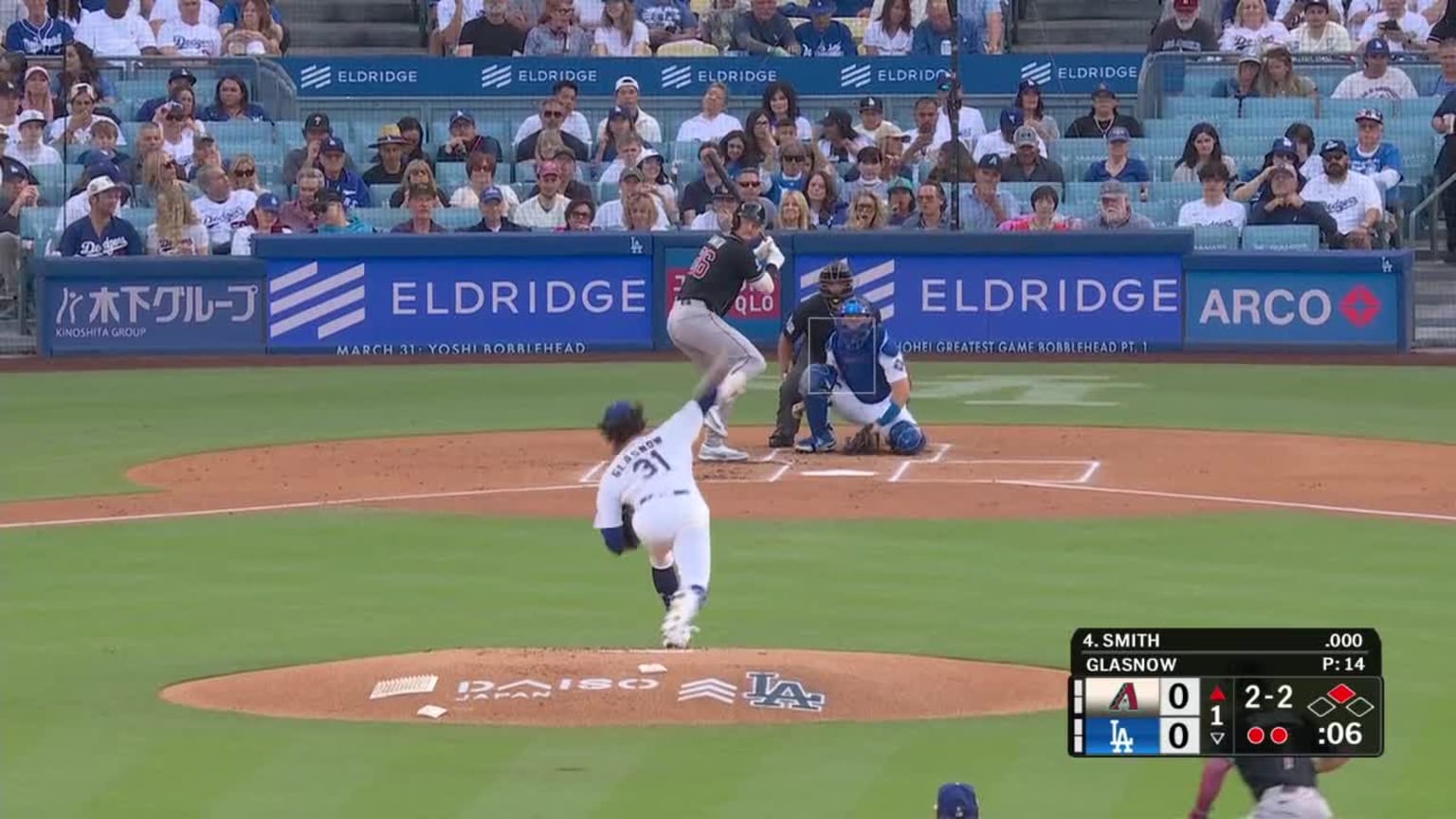 Tyler Glasnow In play, run(s) to Pavin Smith | 03/28/2026 | Arizona ...