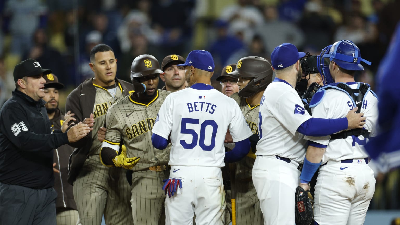 Benches clear against Padres during the 5th inning | 04/13/2024 | Los ...