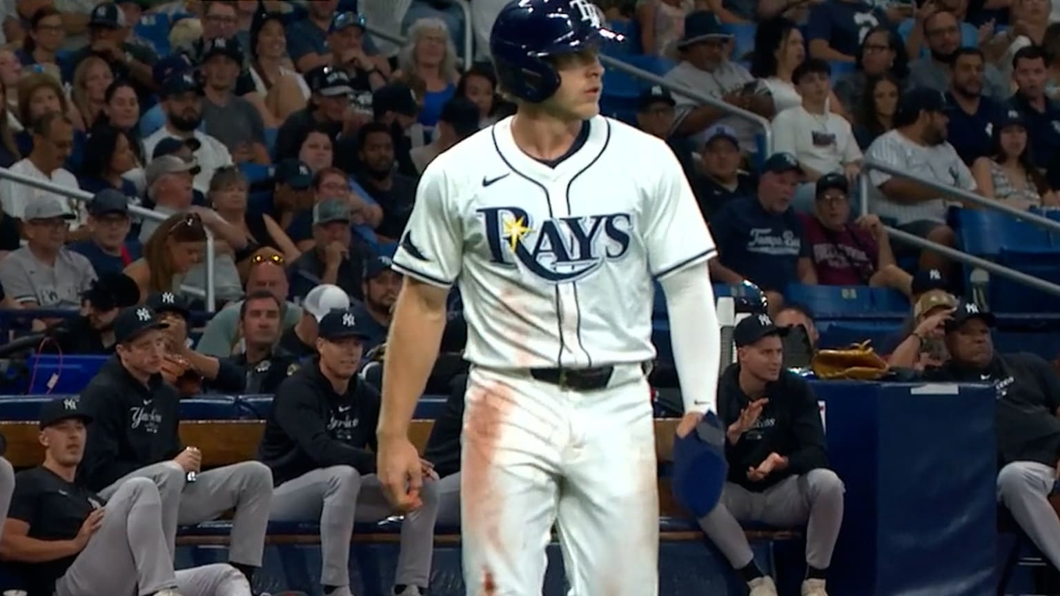 Taylor Walls hit by ball on steal attempt | 07/10/2024 | Tampa Bay Rays