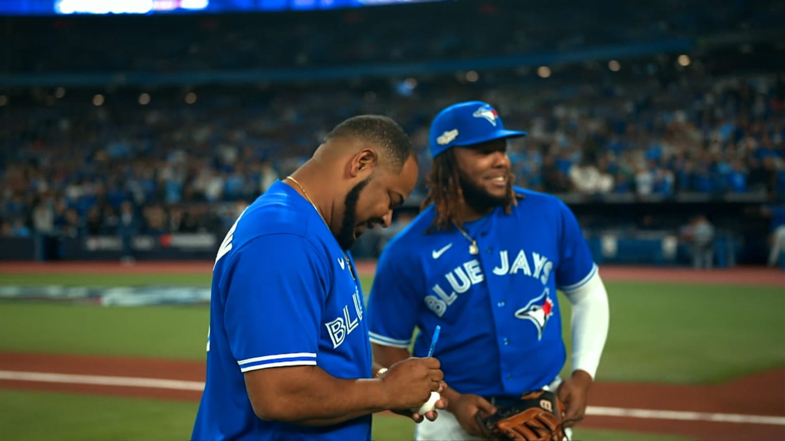 Encarnación throws first pitch, talks to Vladdy Jr. | 10/07/2022 | MLB.com