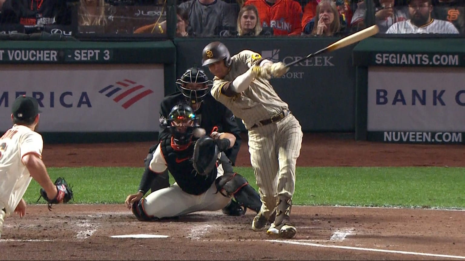 Bart takes a foul ball off his mask behind the plate | 08/29/2022 | San ...