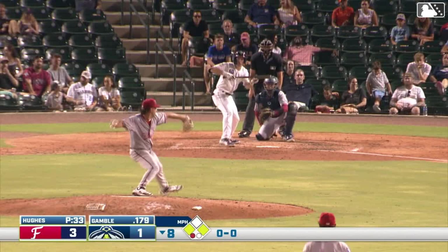 Sean Gamble singles on a soft bunt ground ball to pitcher Gus Hughes ...