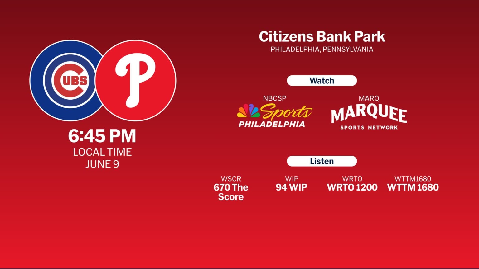Cubs at Phillies - June 9, 2025: Tune In | 06/08/2025 | MLB.com