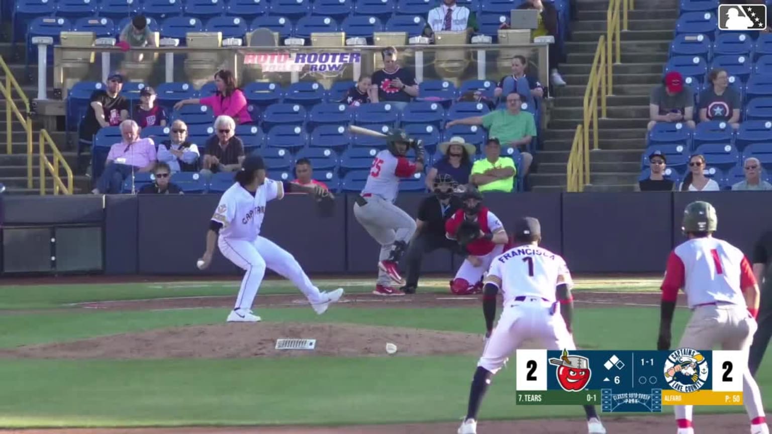 Kavares Tears singles on a line drive to center fielder Aaron Walton ...