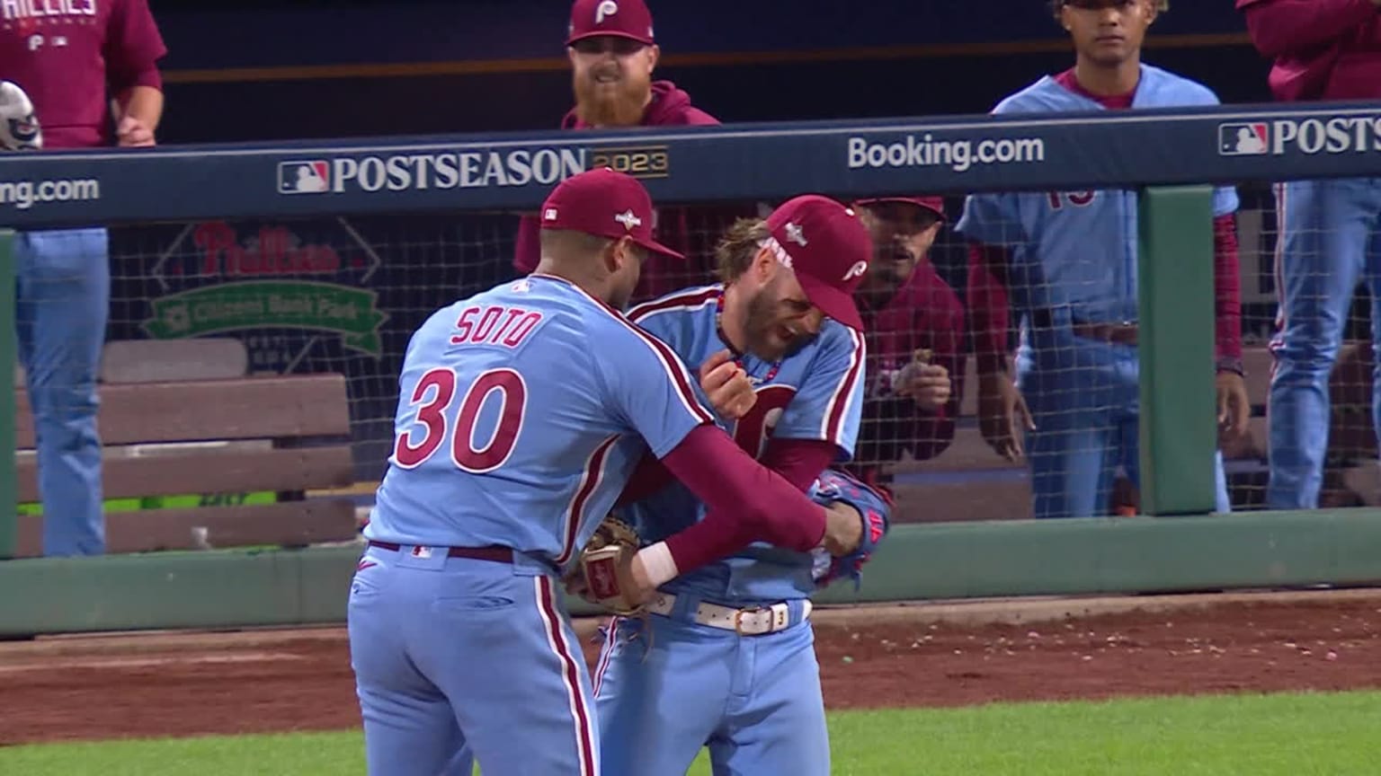 Harper shaken up at first base after collision | 10/12/2023 ...