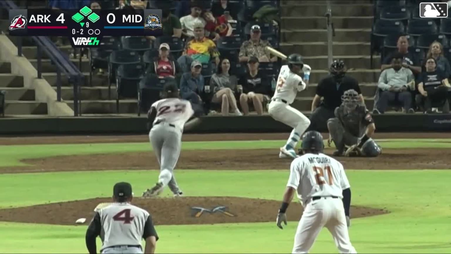 Leo De Vries singles on a sharp ground ball to first baseman Charlie ...