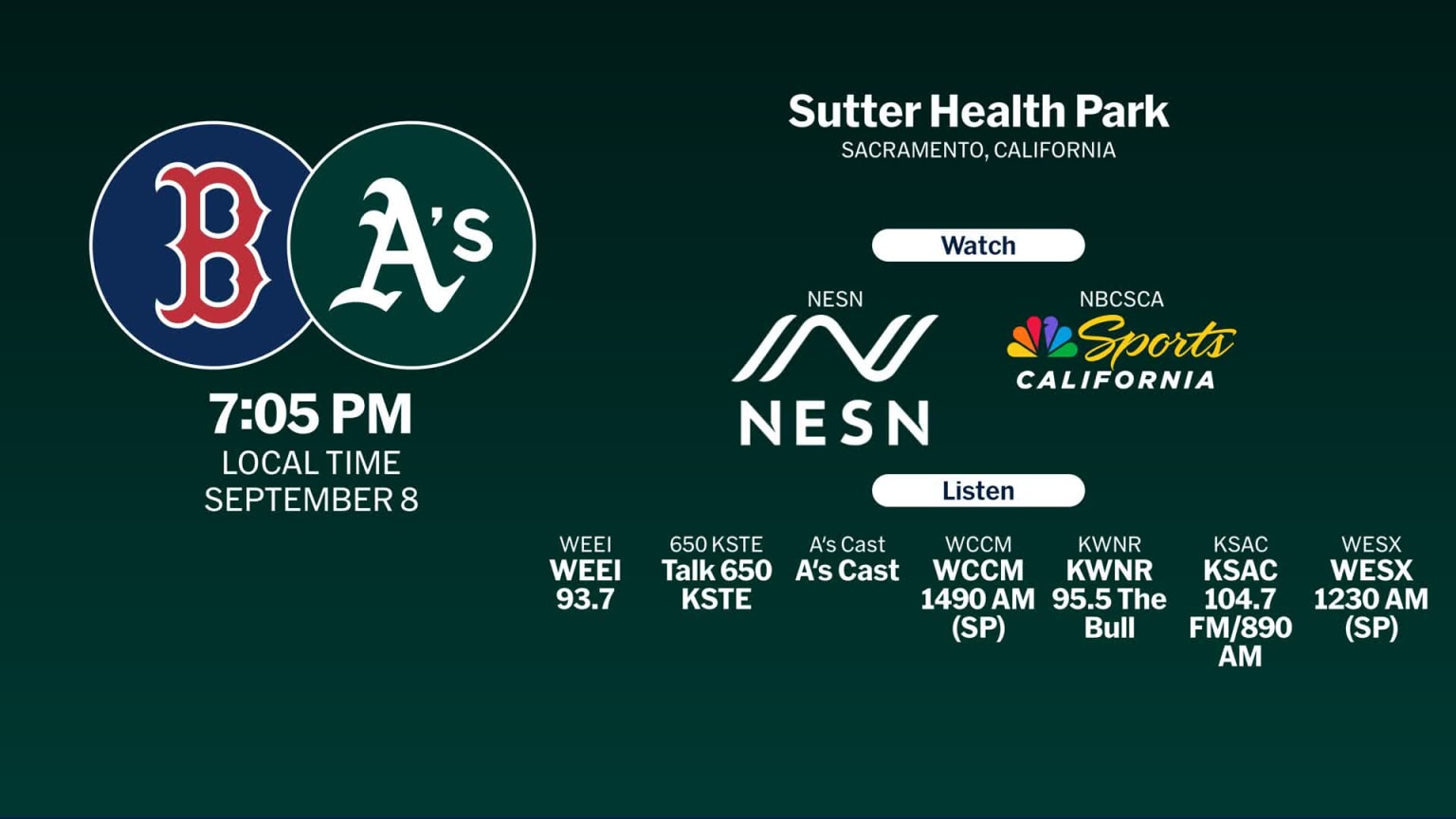 Red Sox at Athletics - September 8, 2025: Tune In | 09/07/2025 | MLB.com