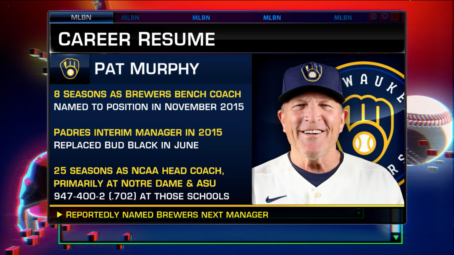 Pat Murphy reportedly named Brewers manager | 11/14/2023 | Milwaukee ...