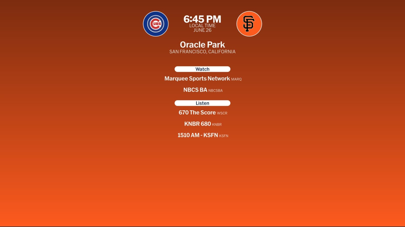 Cubs at Giants - June 26, 2024: Tune In | 06/25/2024 | MLB.com