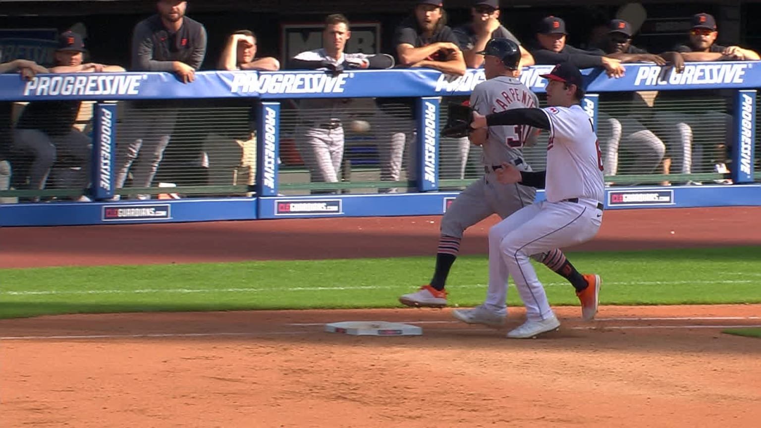 Call is overturned, Kerry Carpenter out at first | 08/18/2023 | Cleveland Guardians