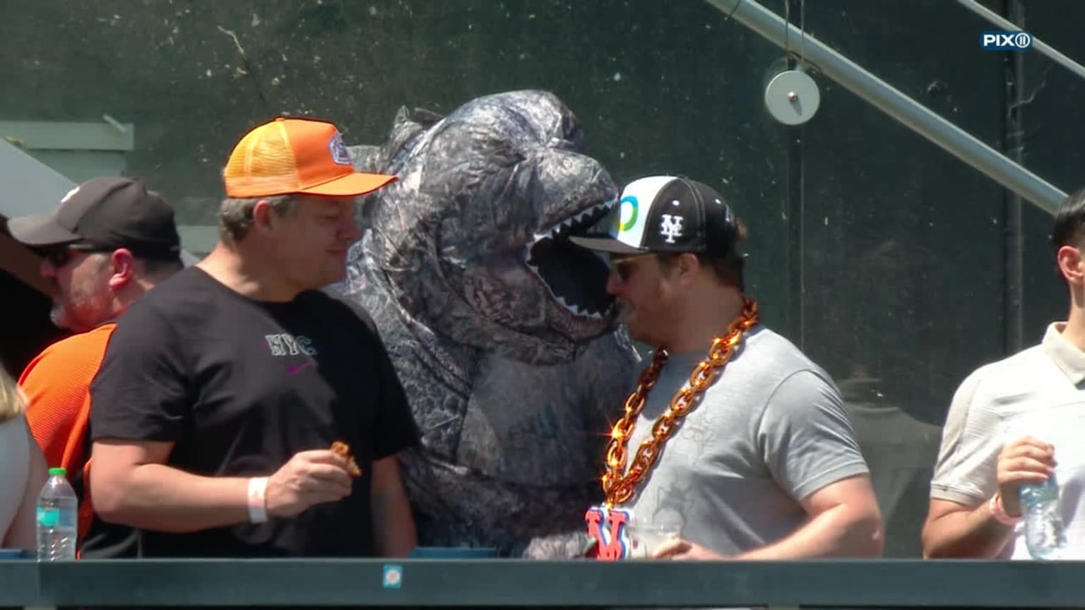 Fan dressed as Godzilla seen walking at Citi Field | 05/25/2024 | MLB.com