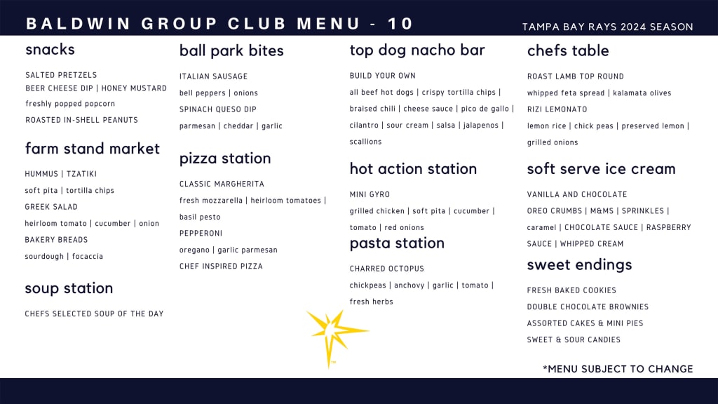 The Baldwin Group Club Menu | Premium | Tickets | Tampa Bay Rays