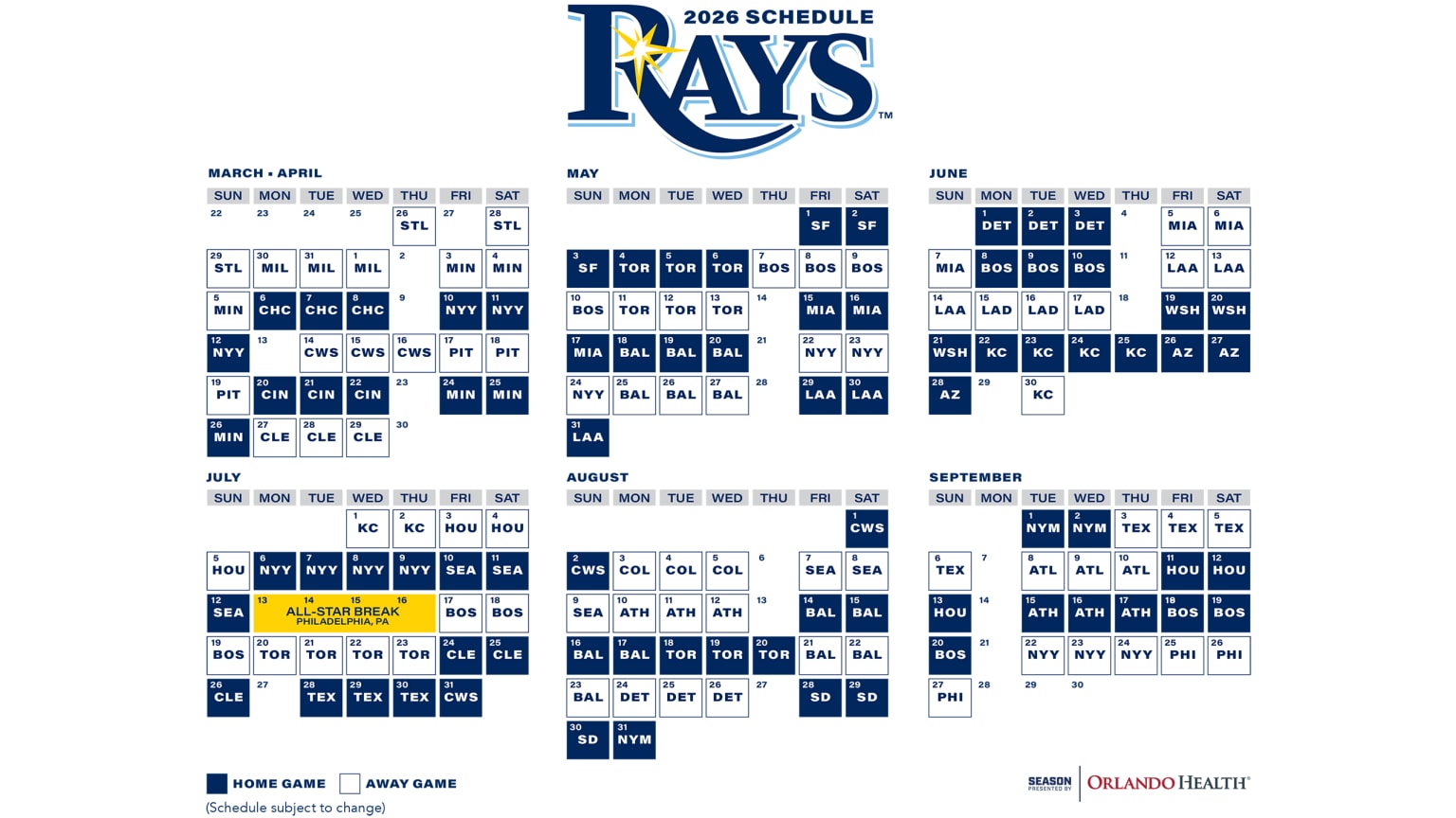 Rays Printable Schedule | Tampa Bay Rays