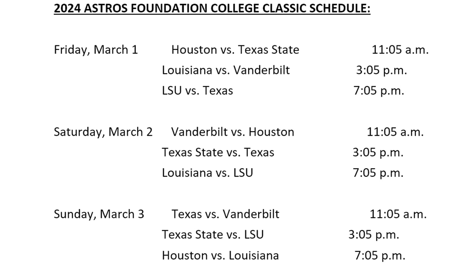 Press release: Astros Foundation College Classic announces 2024 ...