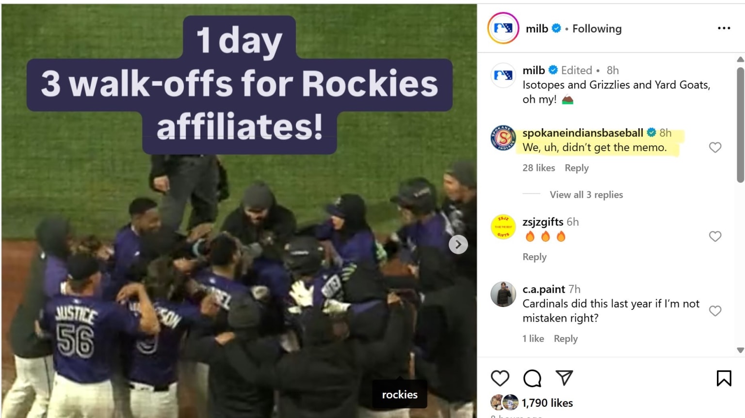 Rockies Minor League teams pull off three walk-off wins in one night