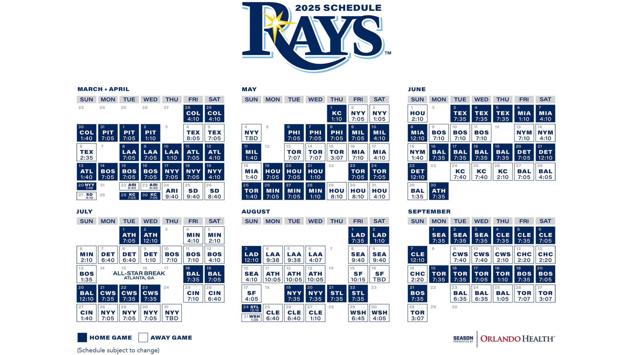 Rays Printable Schedule | Tampa Bay Rays