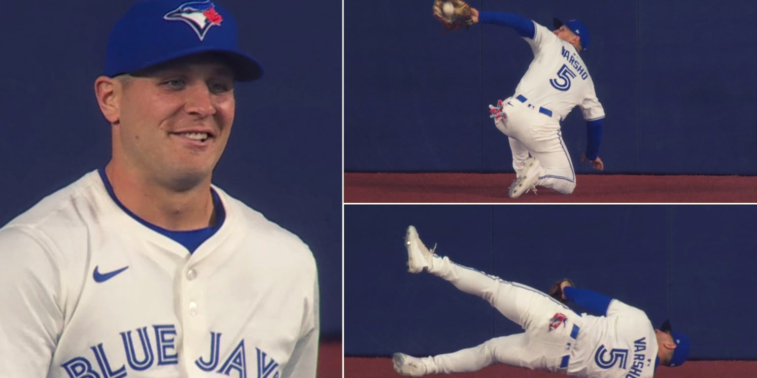 Daulton Varsho falls, then makes behind-the-back catch