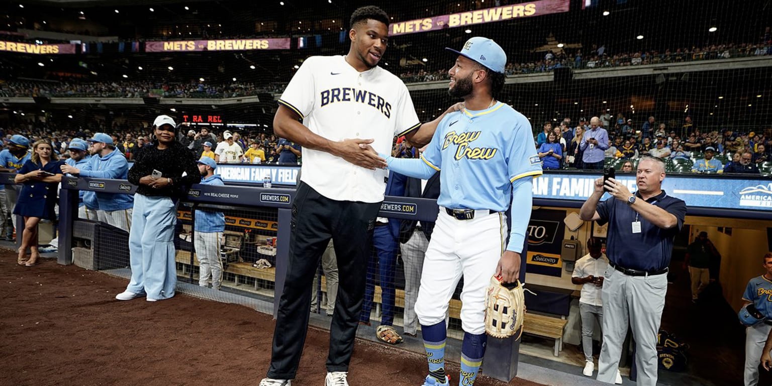 Giannis Antetokounmpo meets Jackson Chourio, brother throws first pitch