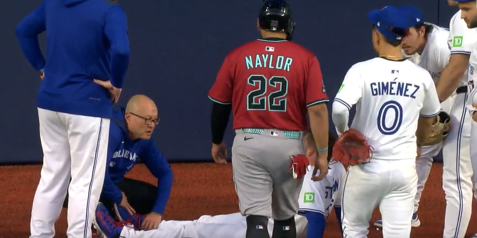 Josh Naylor goes out to center field to check on injured Myles Straw