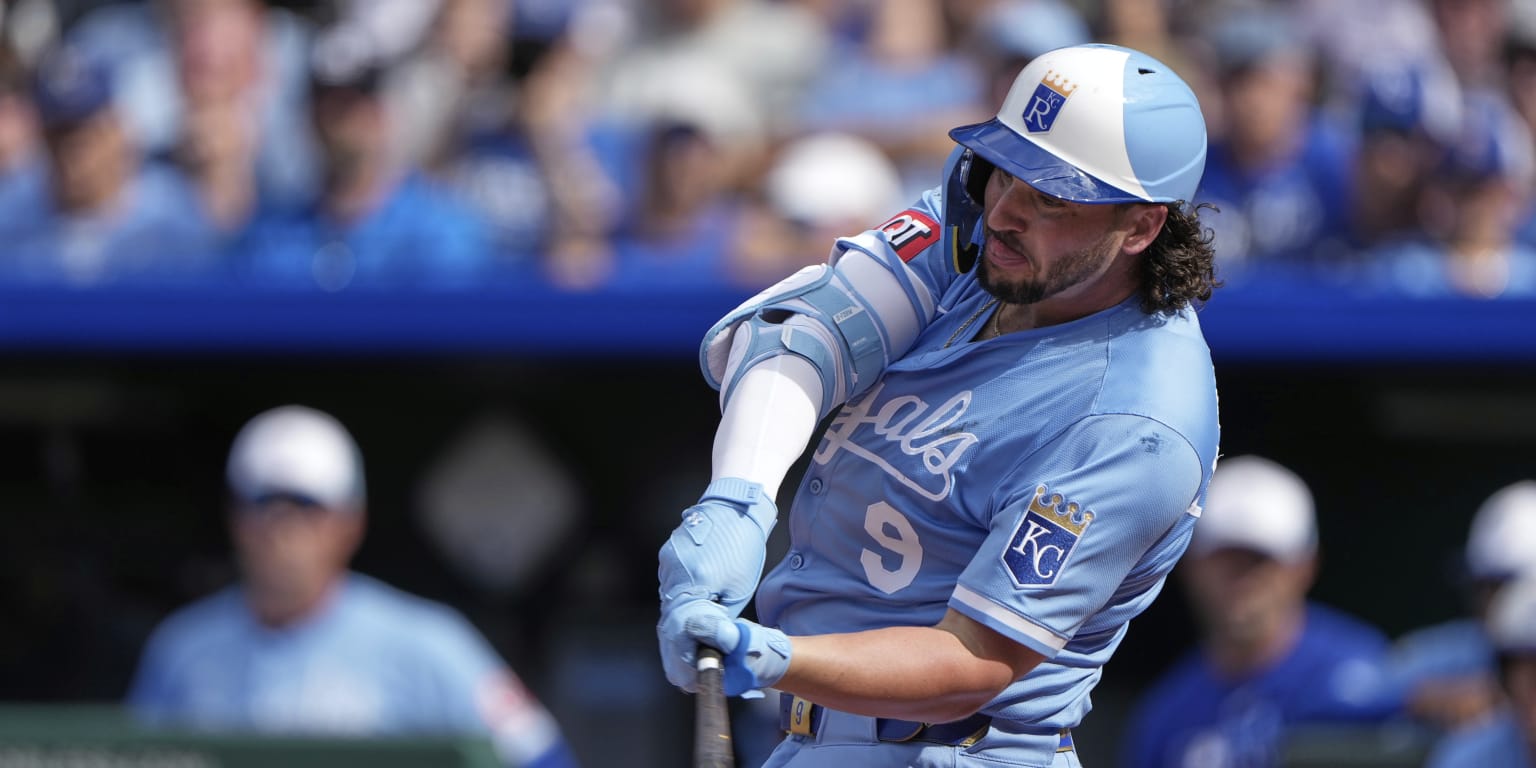 Vinnie Pasquantino reacts to Kauffman Stadium fences moving