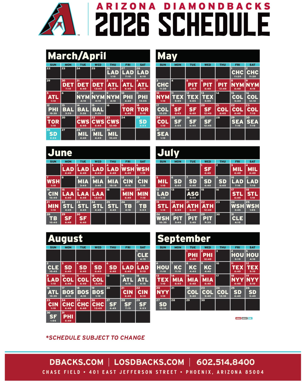 Printable Schedule | Arizona Diamondbacks