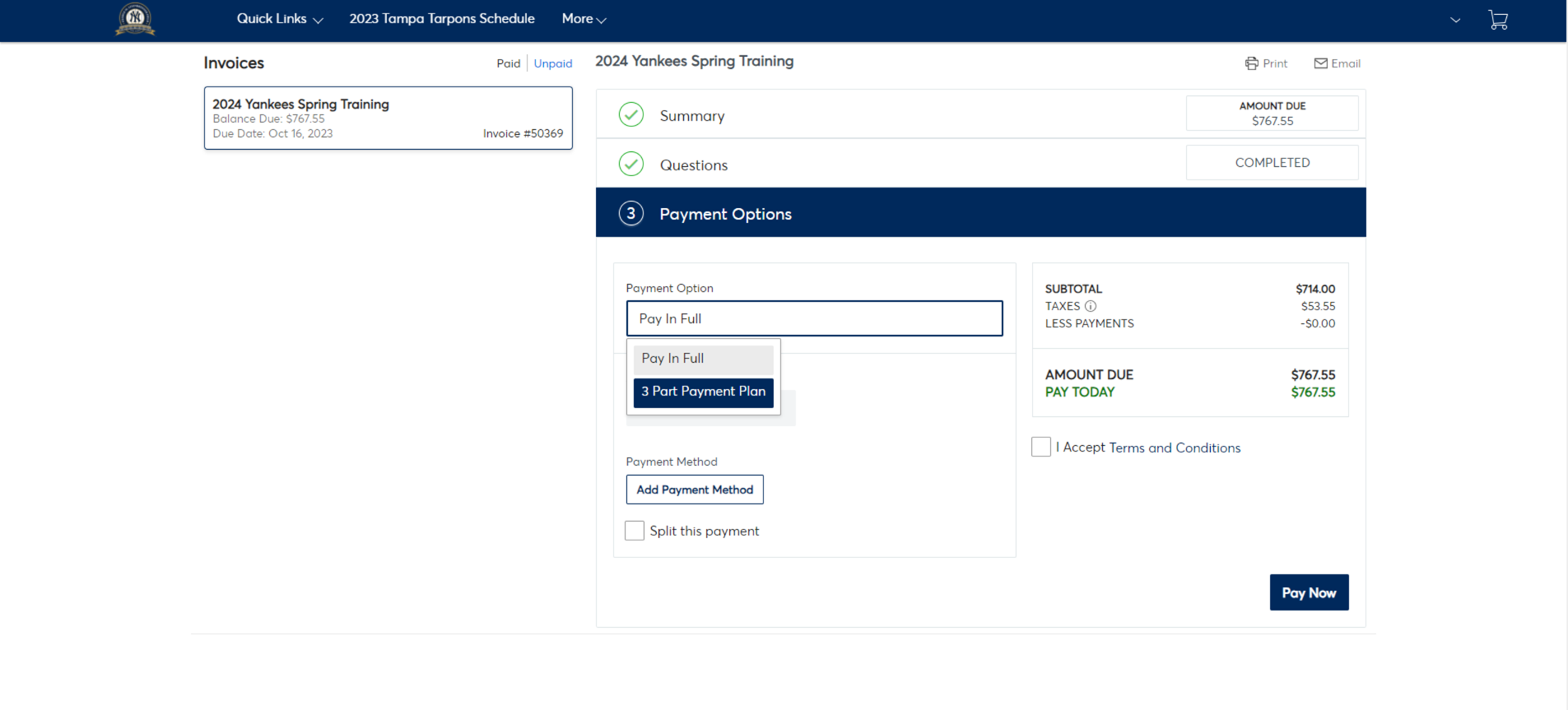 Spring Training Invoice Payment Process | New York Yankees