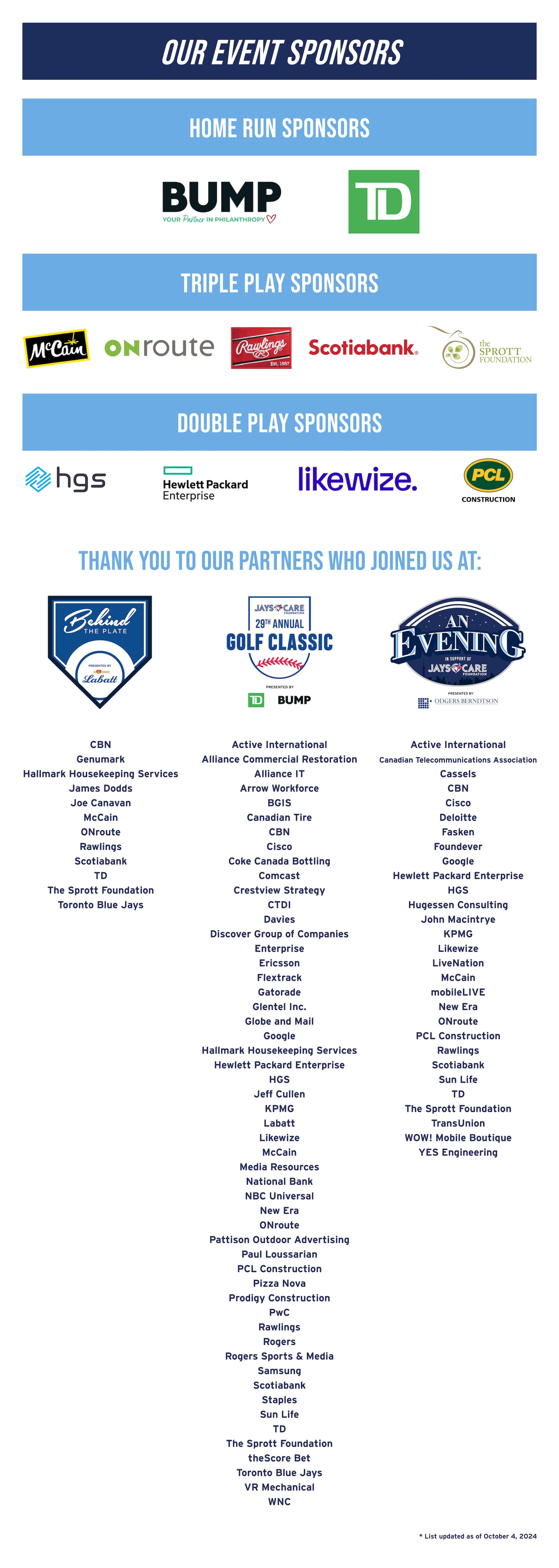 Jays Care | Event Sponsors | Toronto Blue Jays