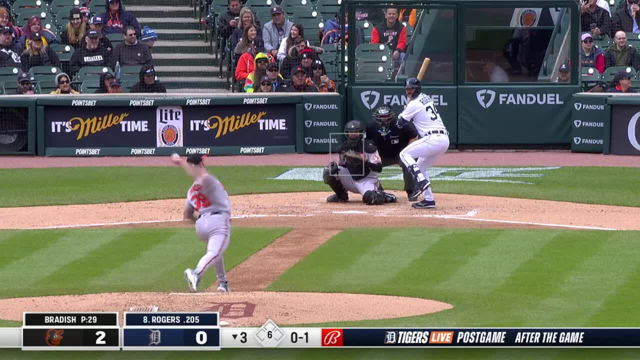 Jake Rogers flies out to right fielder Kyle Stowers.