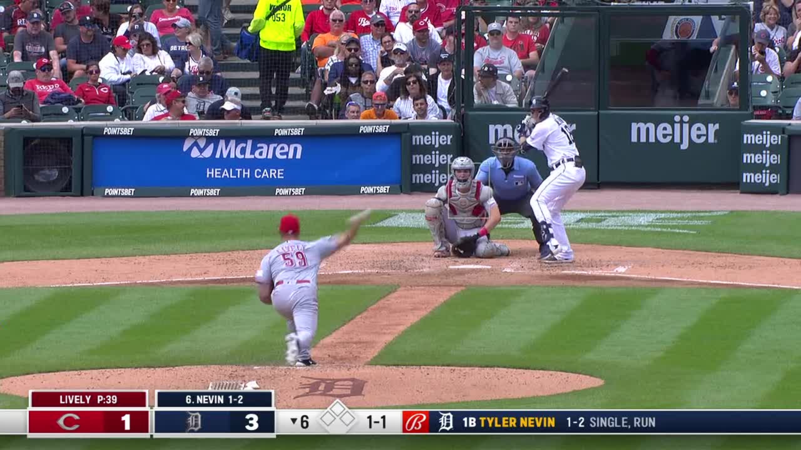 Tyler Nevin grounds out softly, pitcher Ben Lively to first baseman ...