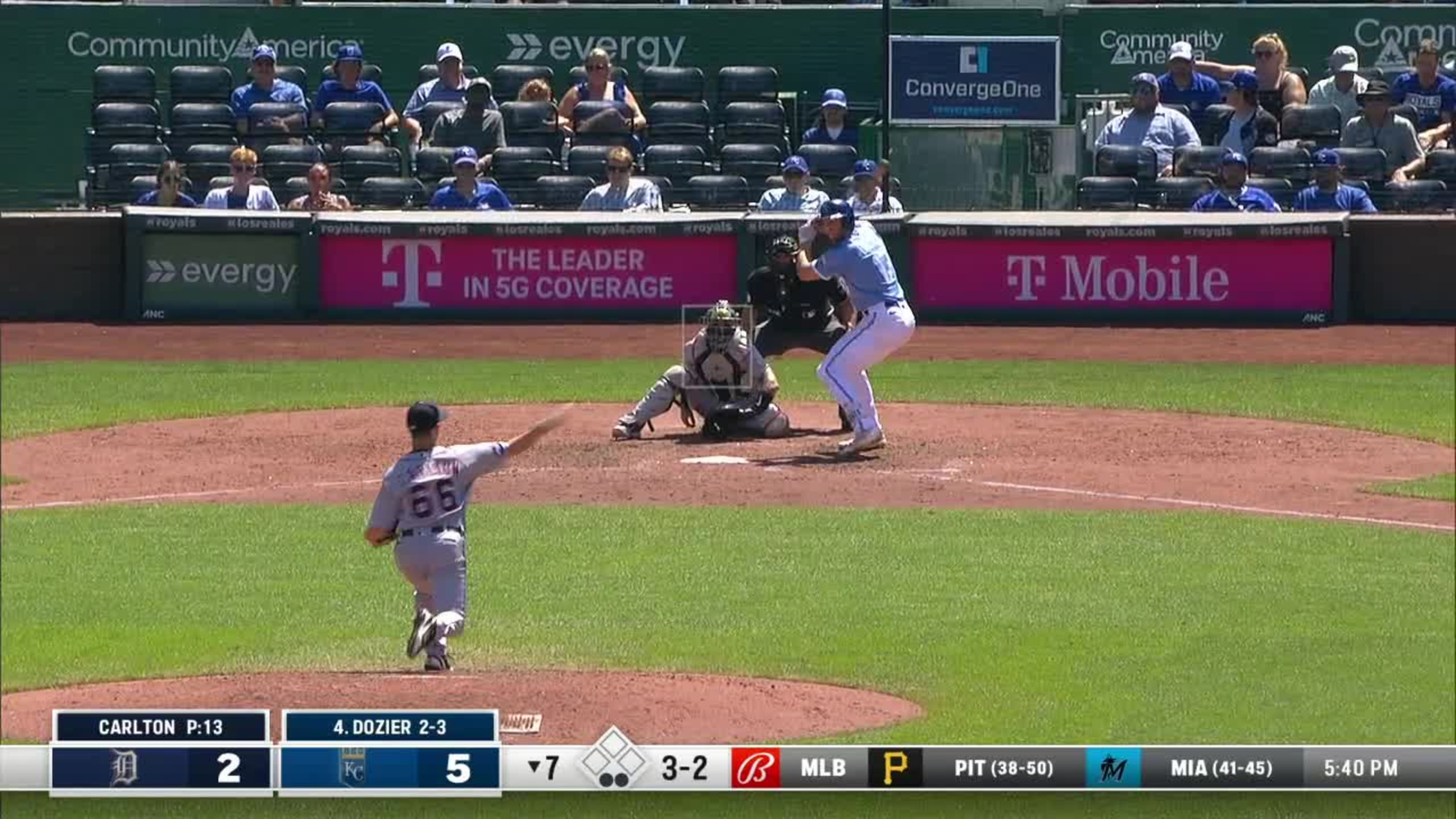 Hunter Dozier flies out to right fielder Robbie Grossman.