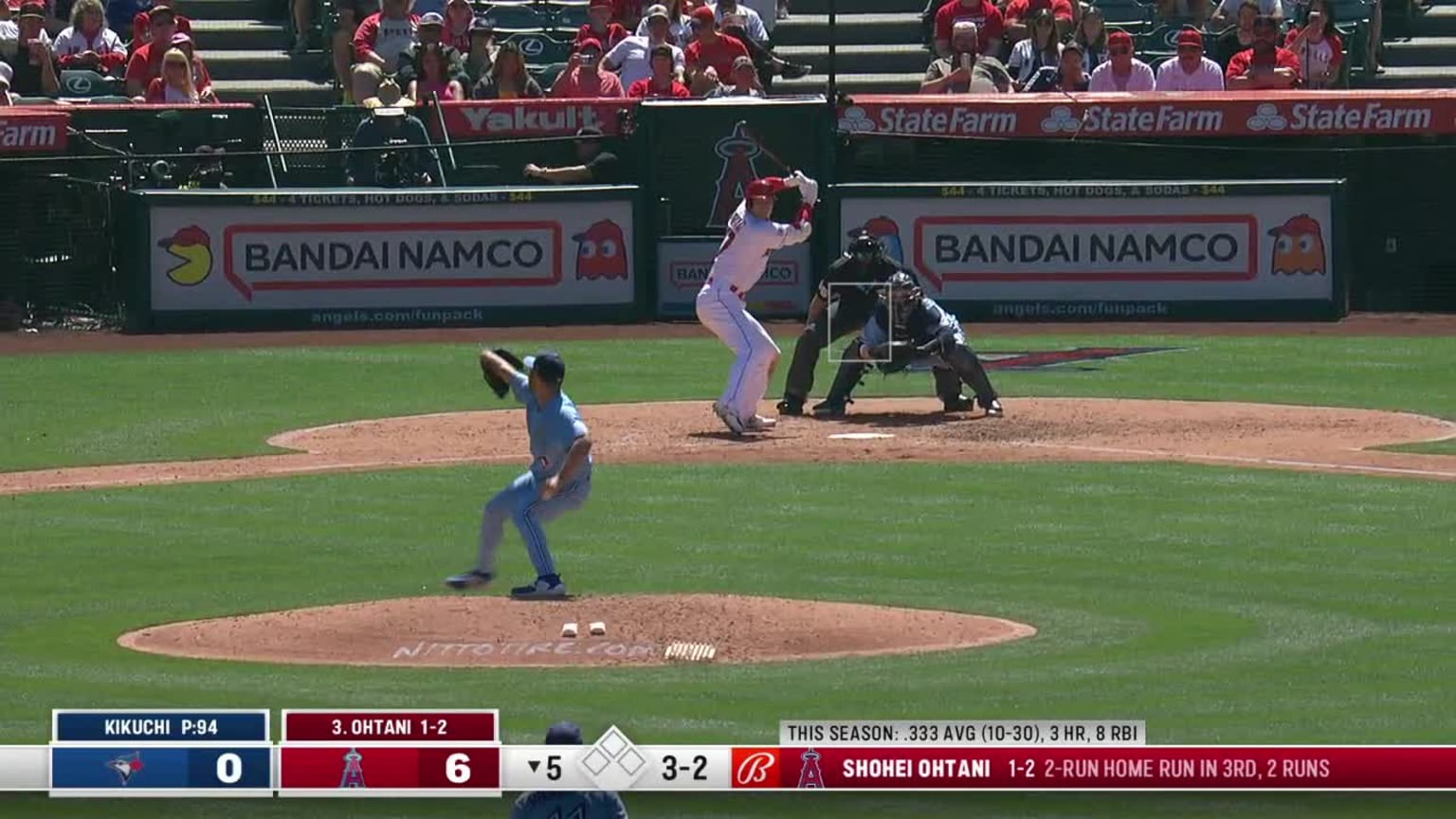 Shohei Ohtani singles on a sharp ground ball to center fielder Kevin Kiermaier. | 04/09/2023 ...