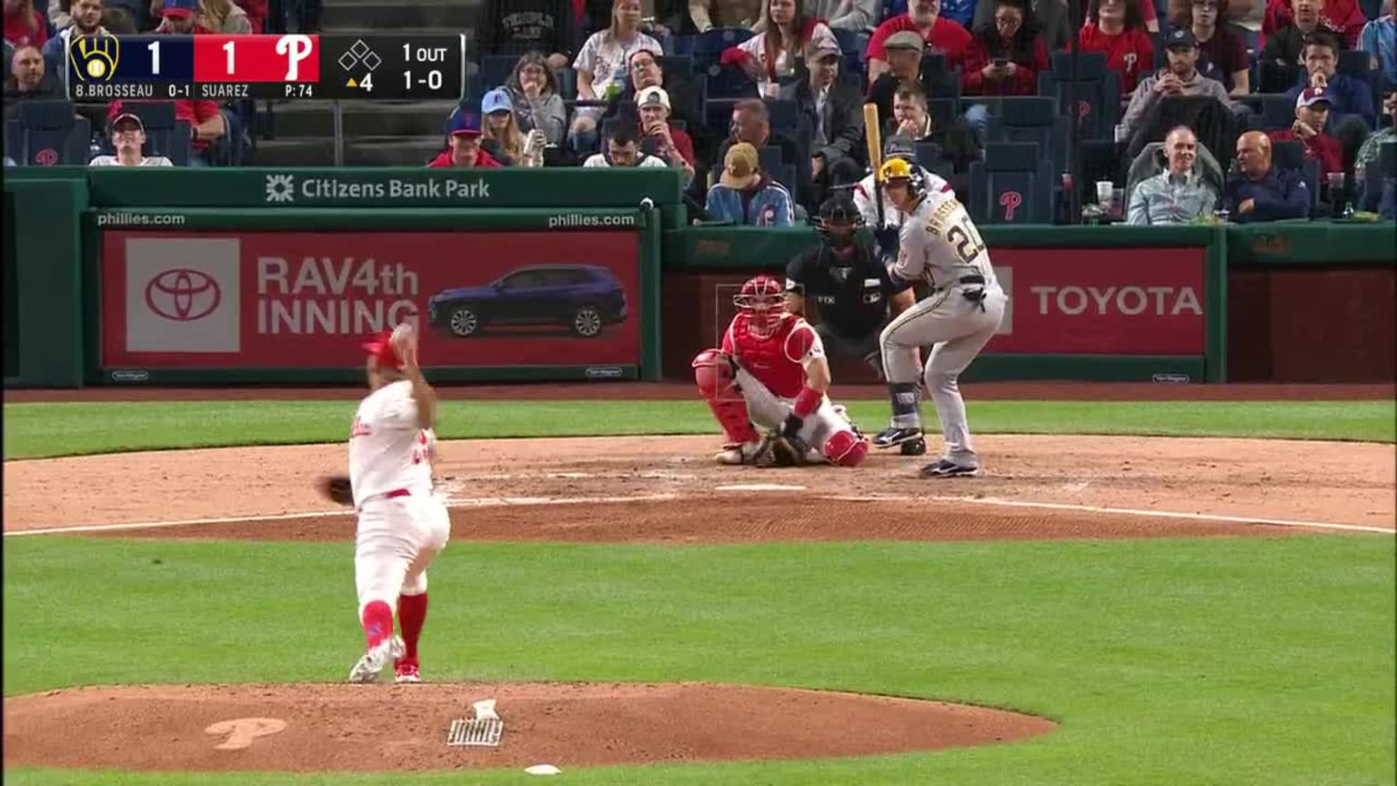 Mike Brosseau flies out to shortstop Johan Camargo. | 04/22/2022 | MLB.com