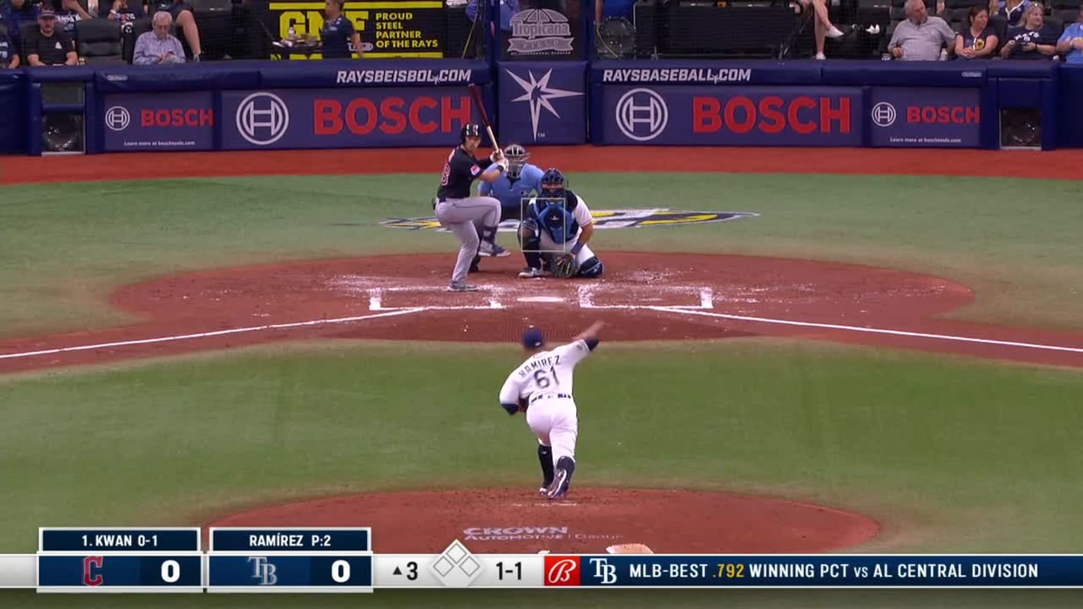 Steven Kwan triples (5) on a line drive to center fielder Jose Siri. | 08/12/2023 | Tampa Bay Rays