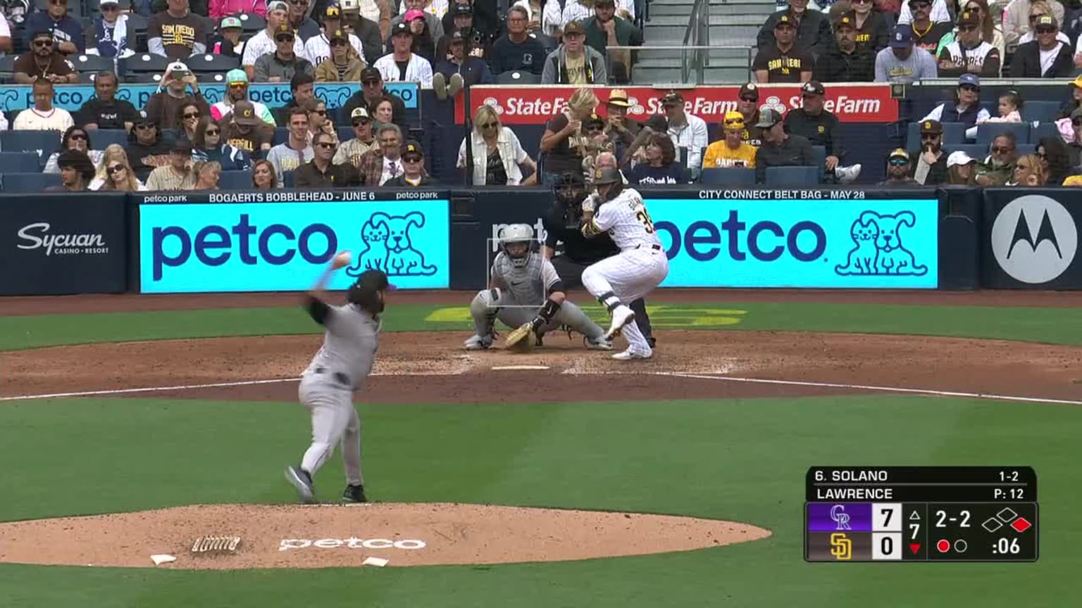Donovan Solano singles on a line drive to center fielder Brenton Doyle ...