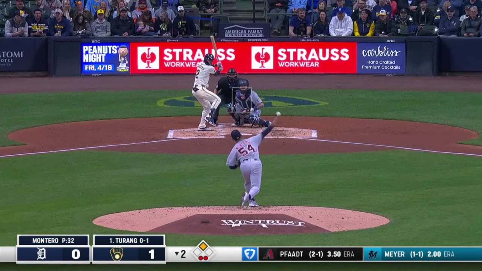 Brice Turang lines out to center fielder Ryan Kreidler. | 04/16/2025 ...