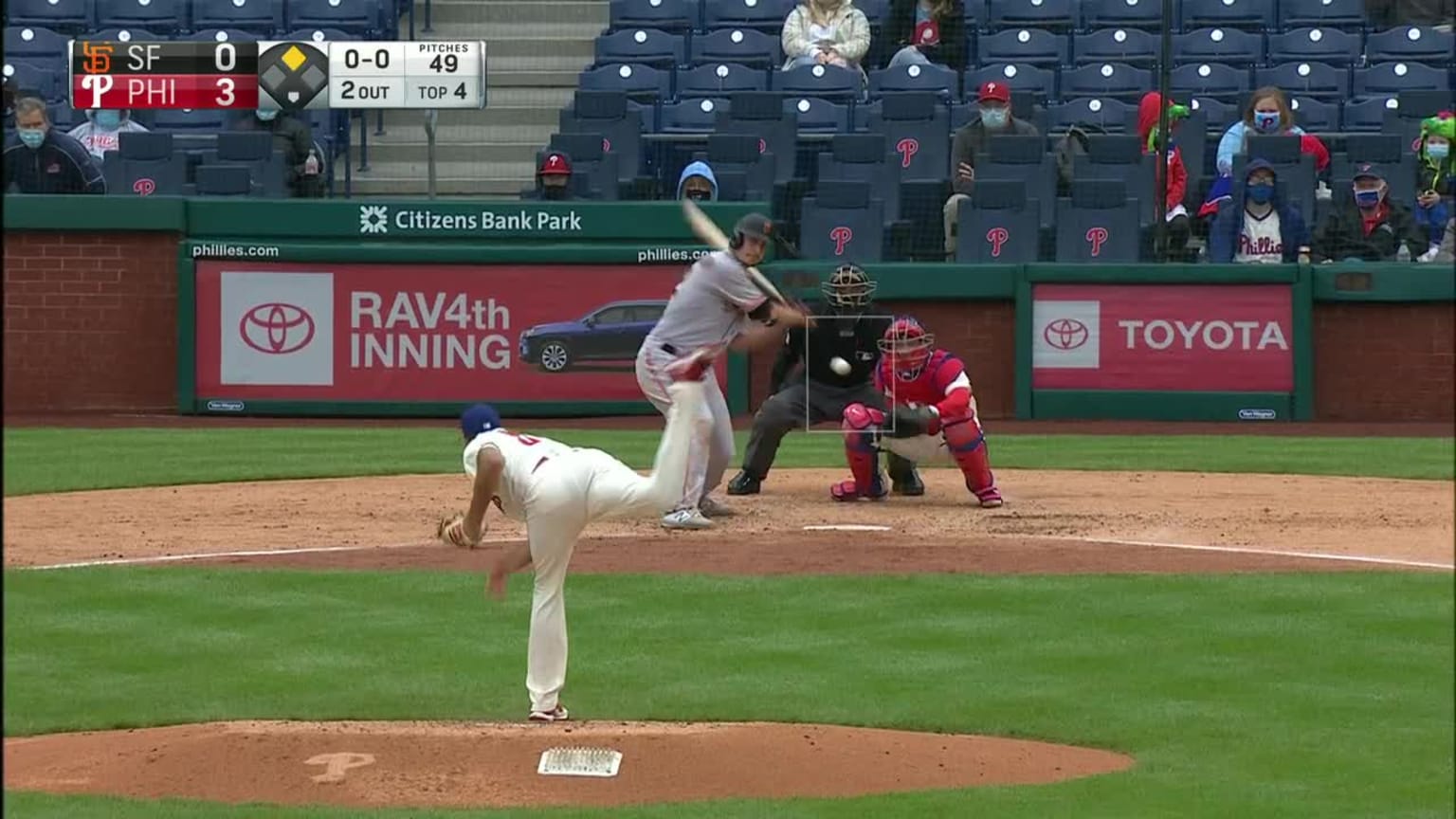 Alex Dickerson flies out to center fielder Mickey Moniak. | 04/21/2021 ...