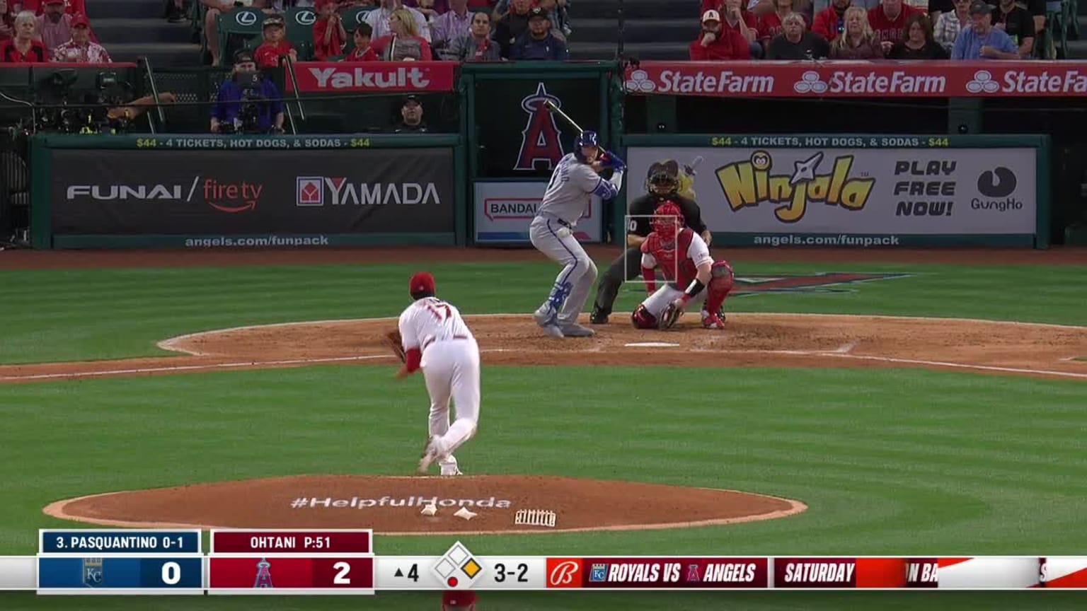 Vinnie Pasquantino singles on a line drive to left fielder Taylor Ward ...