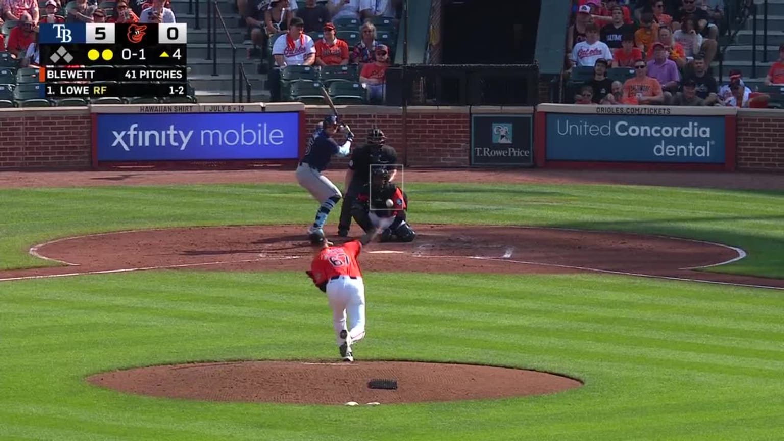 Josh Lowe singles on a sharp line drive to right fielder Ramón Laureano ...