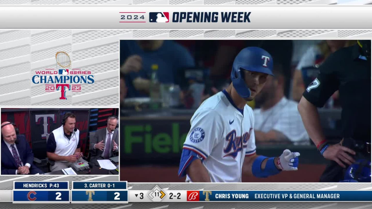 Evan Carter grounds into a force out, second baseman Nico Hoerner to ...