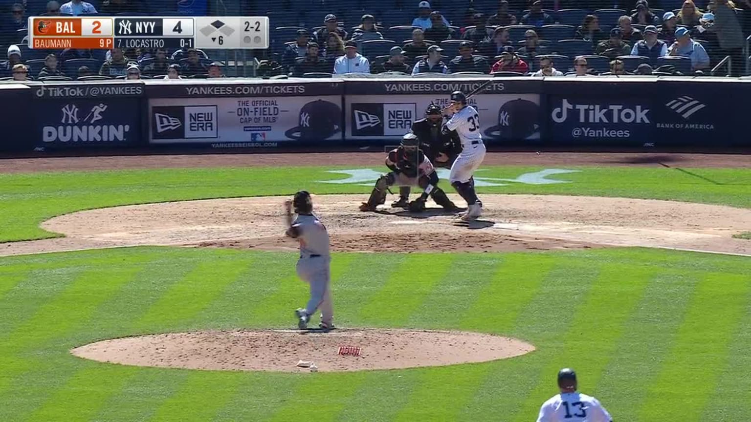 Tim Locastro singles on a ground ball to pitcher Mike Baumann. Joey ...