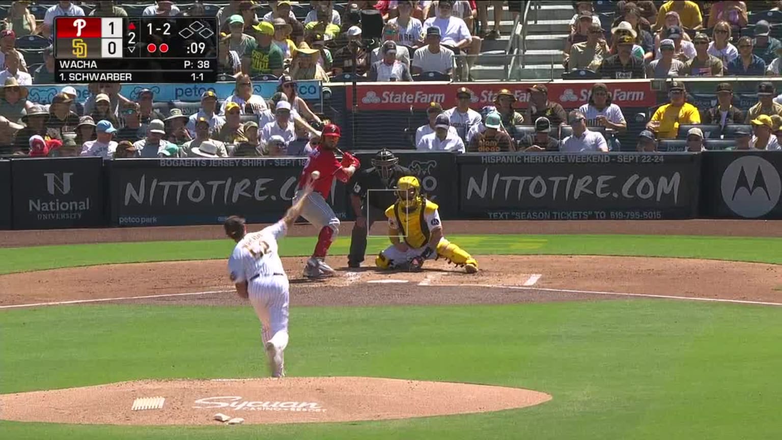 Kyle Schwarber singles on a sharp line drive to right fielder Fernando Tatis Jr. | 09/06/2023 ...