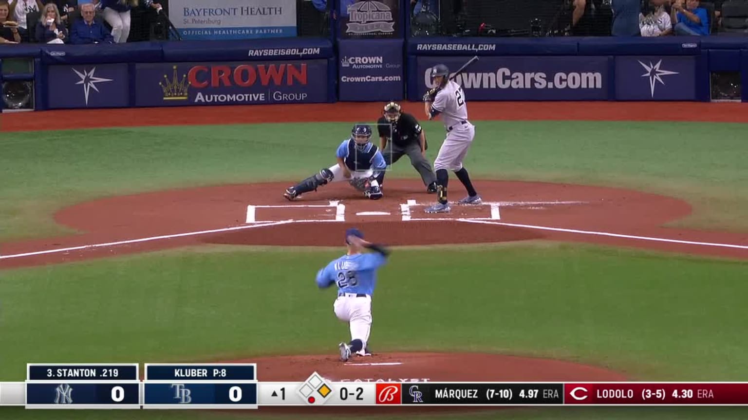 Giancarlo Stanton singles on a line drive to center fielder Jose Siri. DJ LeMahieu to 3rd. | 09 ...