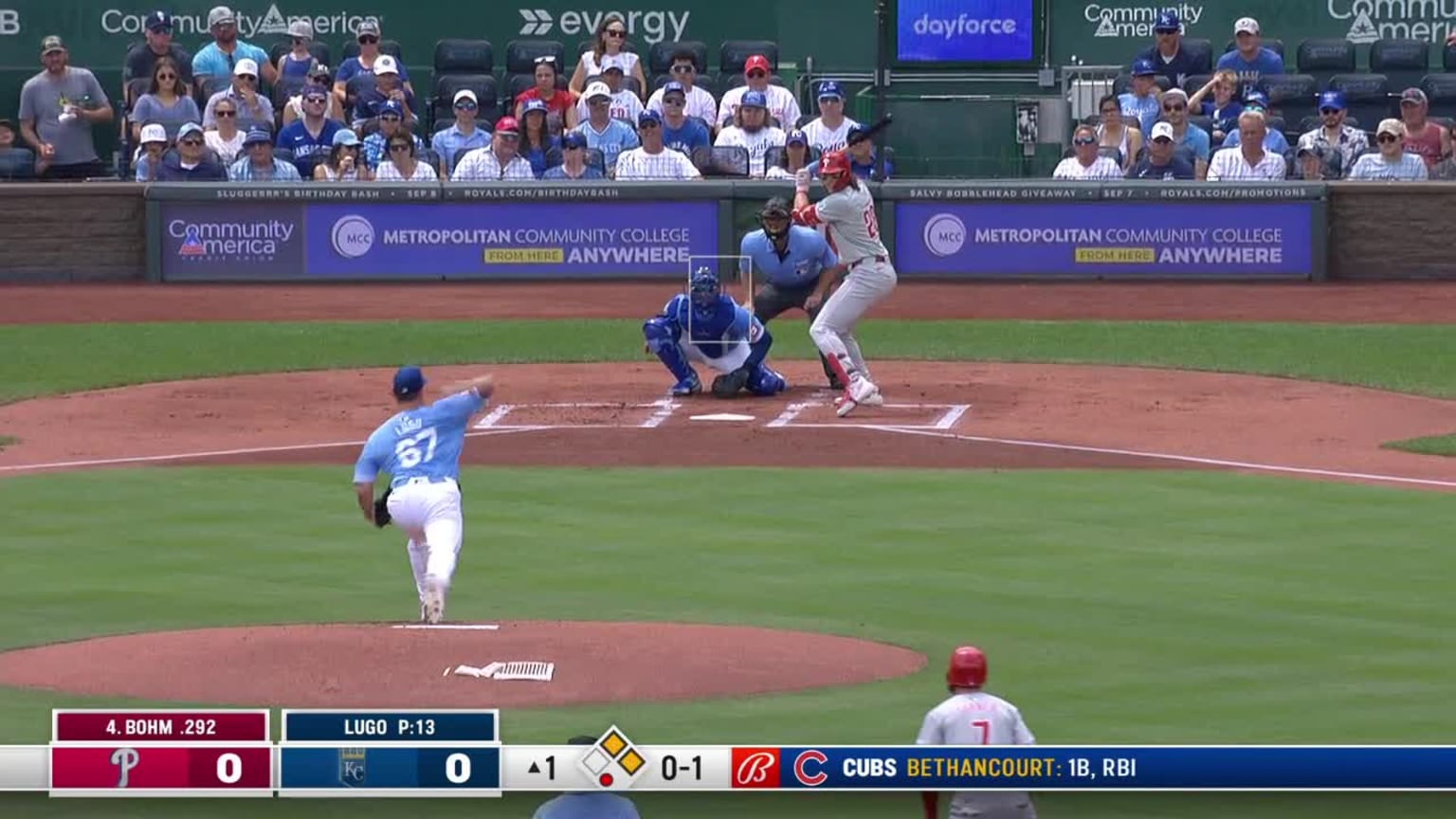 Alec Bohm grounds into a double play, shortstop Bobby Witt Jr. to ...