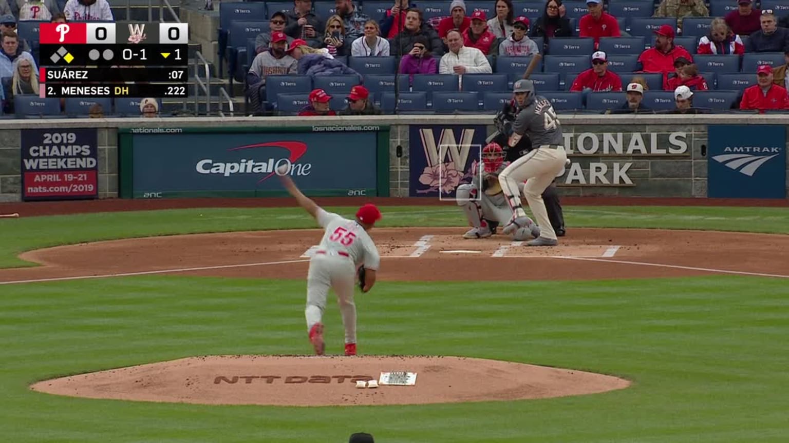 Joey Meneses grounds into a force out, third baseman Alec Bohm to second baseman Bryson Stott ...