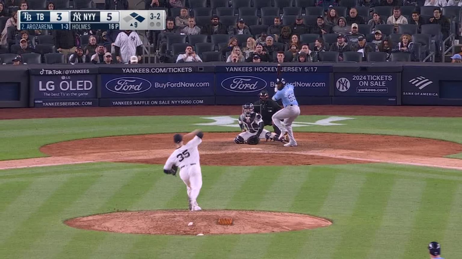 Randy Arozarena flies into a force out, center fielder Aaron Judge to second baseman Gleyber ...