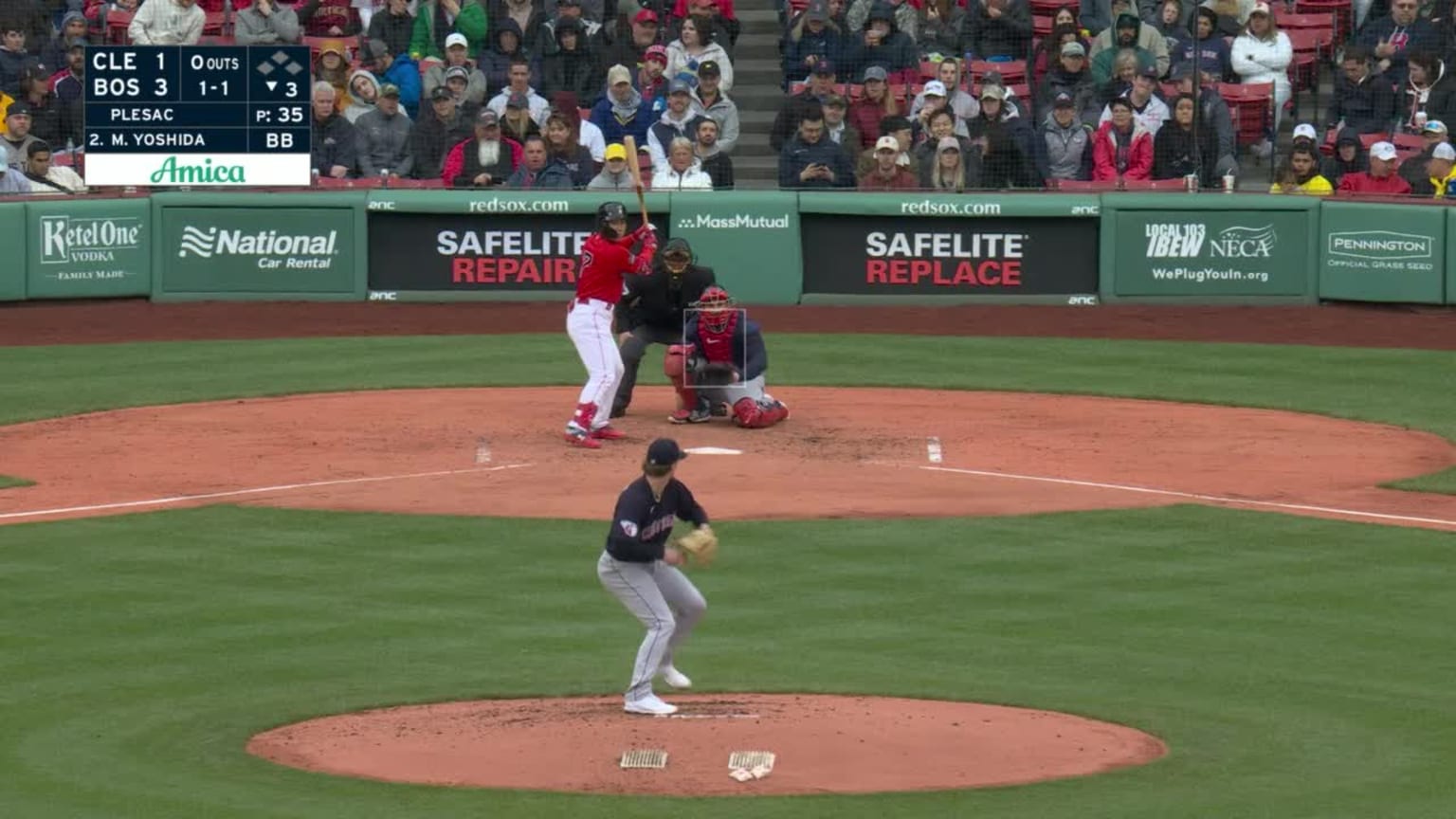 Masataka Yoshida singles on a fly ball to left fielder Steven Kwan ...