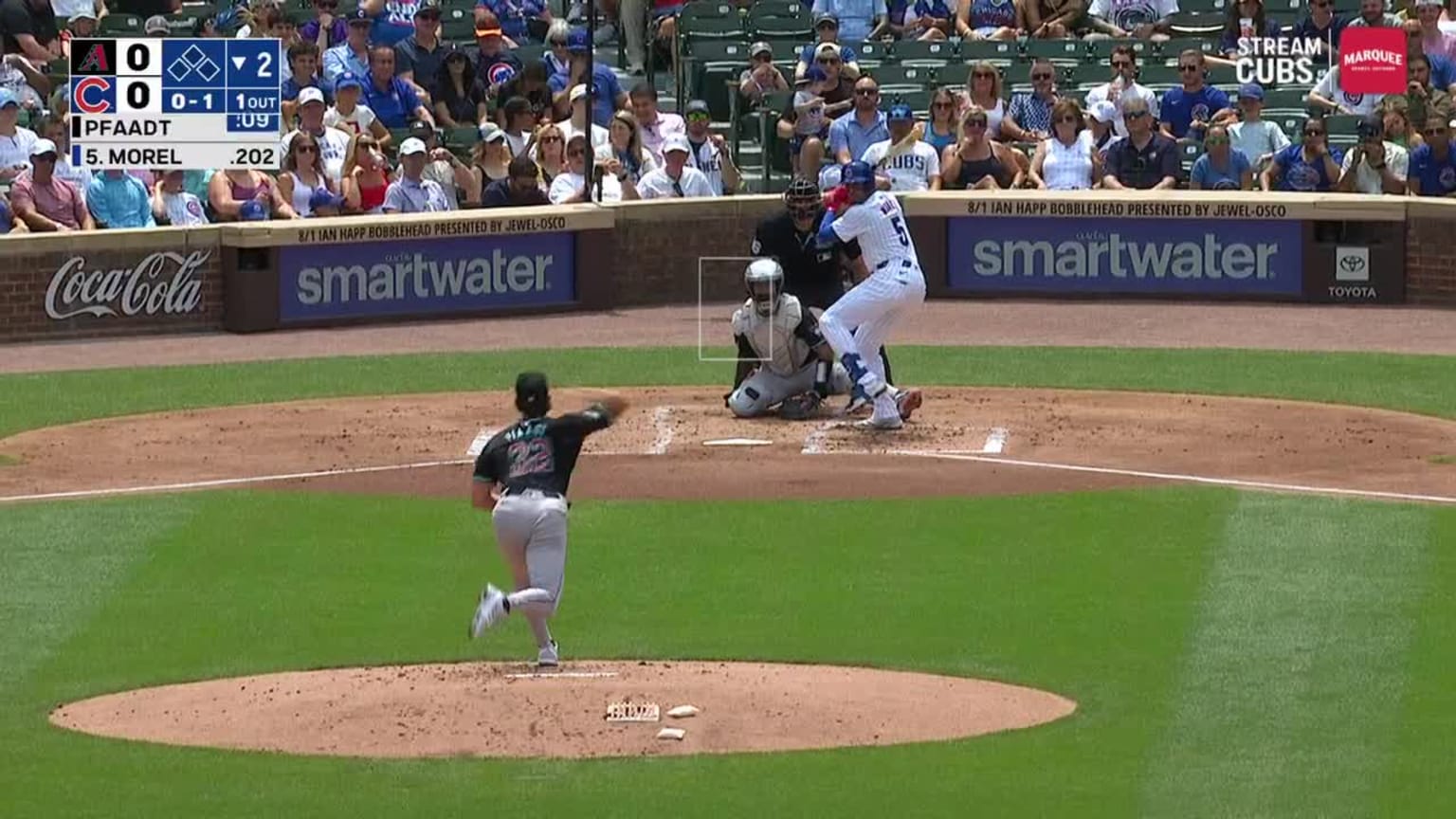 Christopher Morel singles on a ground ball to shortstop Geraldo Perdomo ...