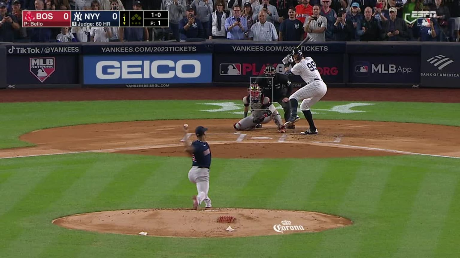 Aaron Judge doubles (28) on a ground ball to left fielder Tommy Pham ...