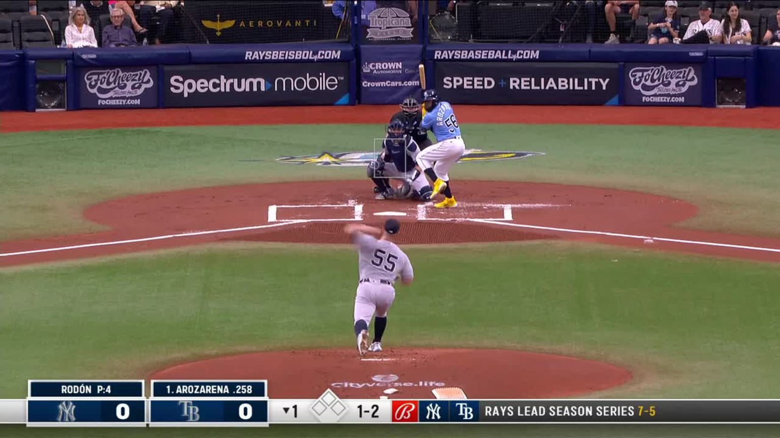 Randy Arozarena singles on a ground ball to left fielder Everson Pereira. | 08/27/2023 | Tampa ...